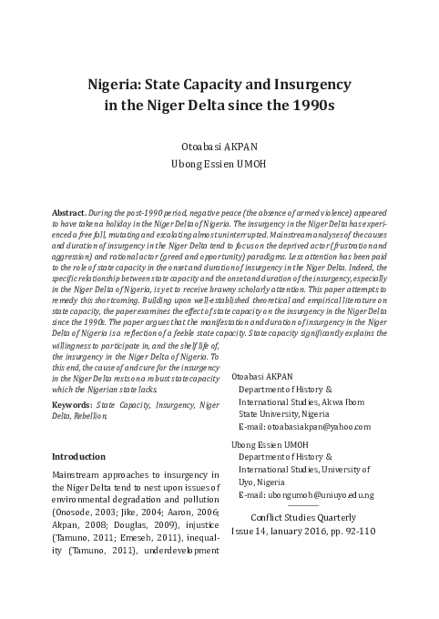 (PDF) Nigeria: State Capacity and Insurgency in the Niger Delta since ...