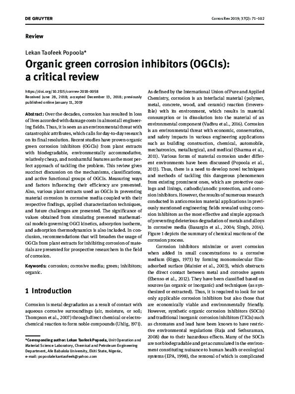 (PDF) Organic green corrosion inhibitors (OGCIs): a critical review