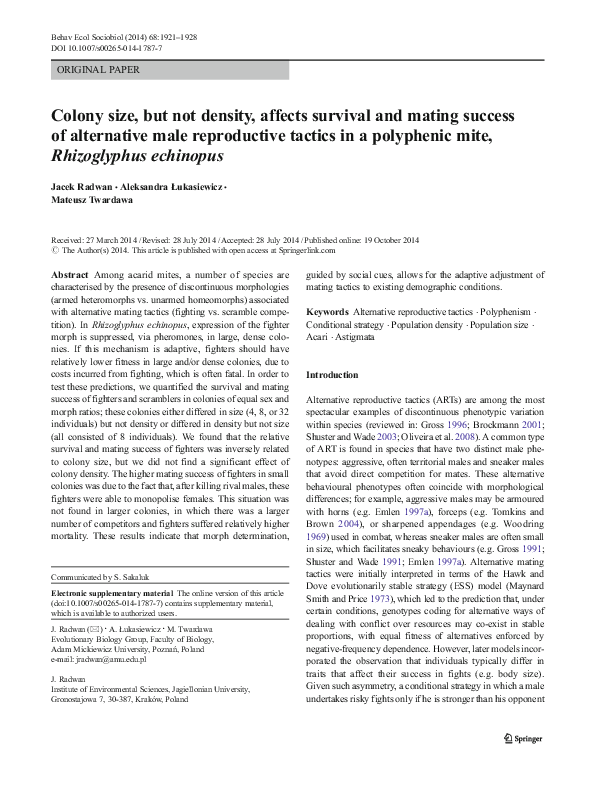 (PDF) Colony size, but not density, affects survival and mating success ...