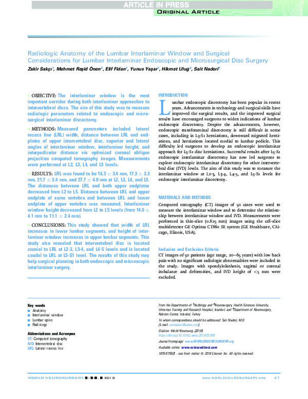 (PDF) Radiologic Anatomy of the Lumbar Interlaminar Window and Surgical ...