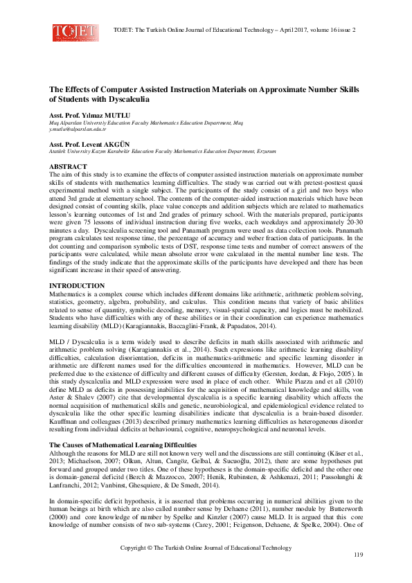 (PDF) The Effects of Computer Assisted Instruction Materials on Approximate Number Skills of ...
