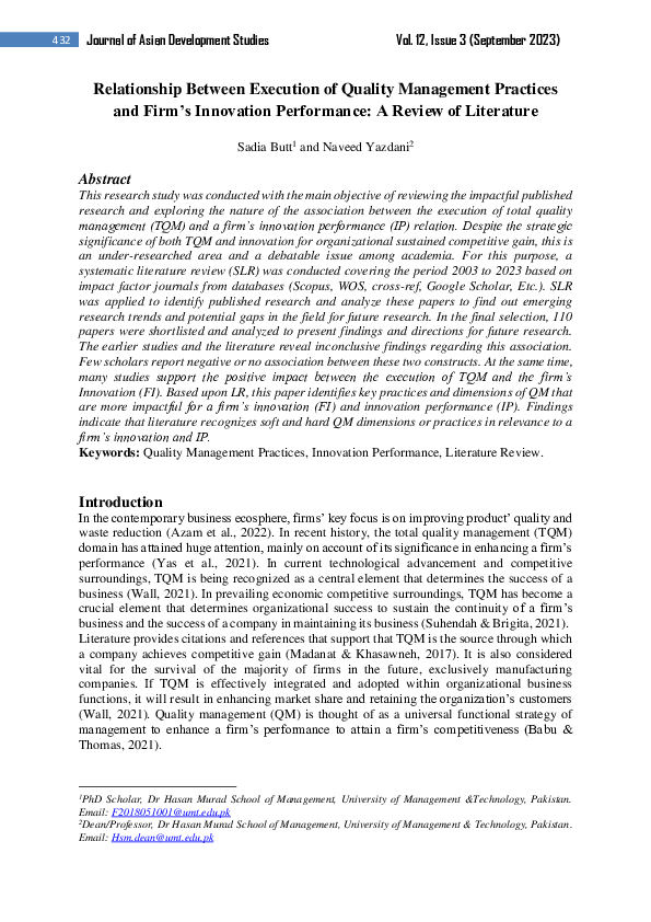 (PDF) Relationship Between Execution of Quality Management Practices and Firm's Innovation ...
