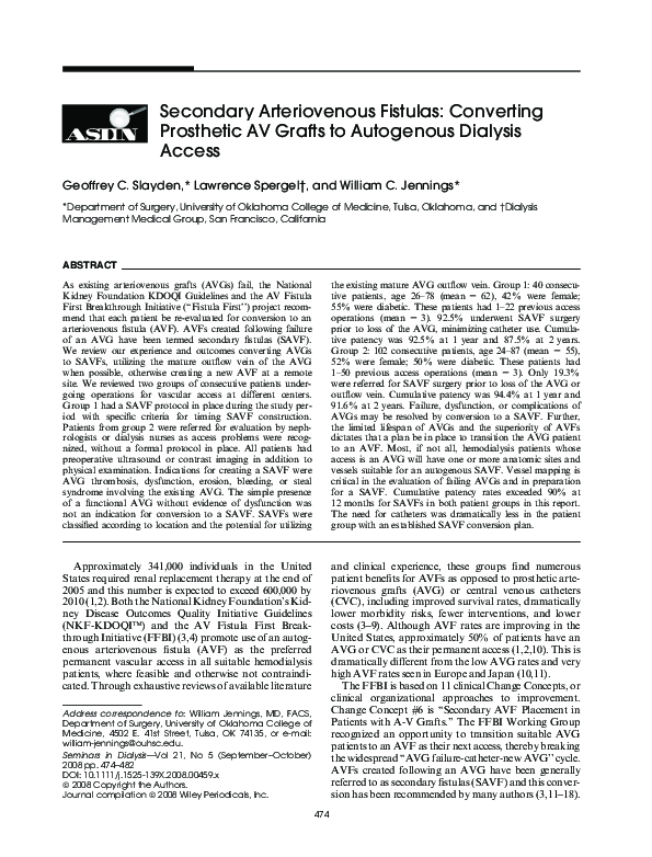 (PDF) Secondary Arteriovenous Fistulas: Converting Prosthetic AV Grafts ...