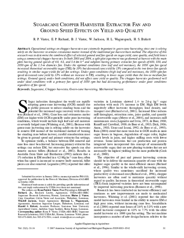(PDF) Sugarcane Chopper Harvester Extractor Fan and Ground Speed ...