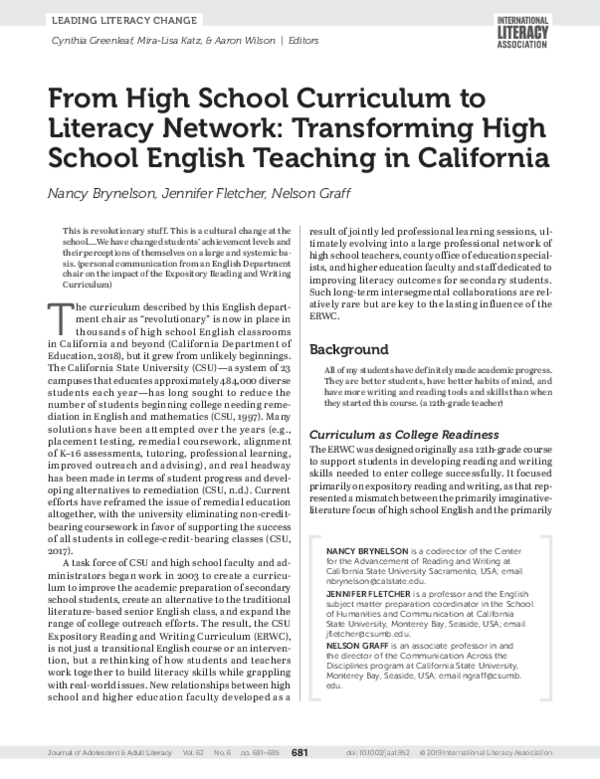 (PDF) From High School Curriculum to Literacy Network: Transforming ...