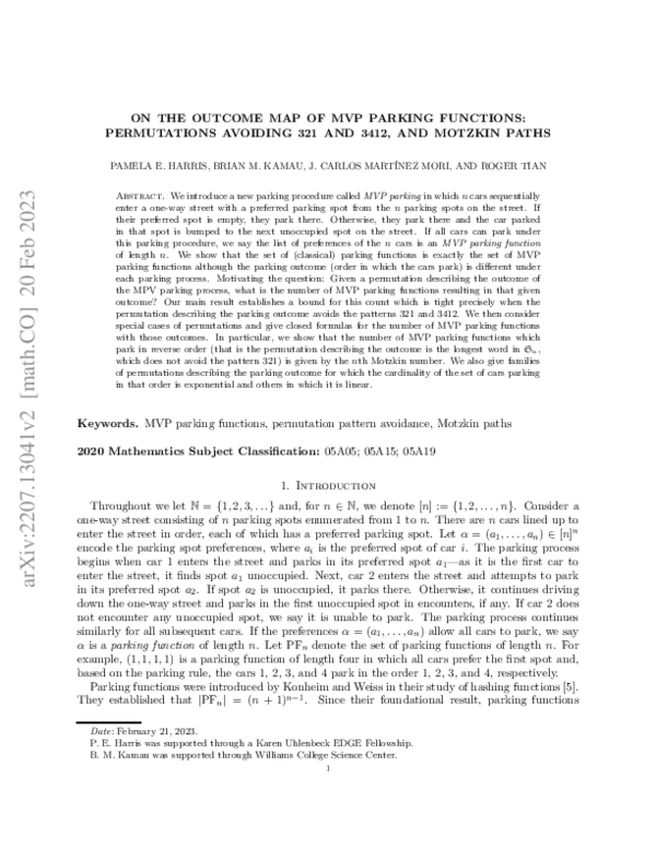 (PDF) On the outcome map of MVP parking functions: Permutations avoiding 321 and 3412, and ...