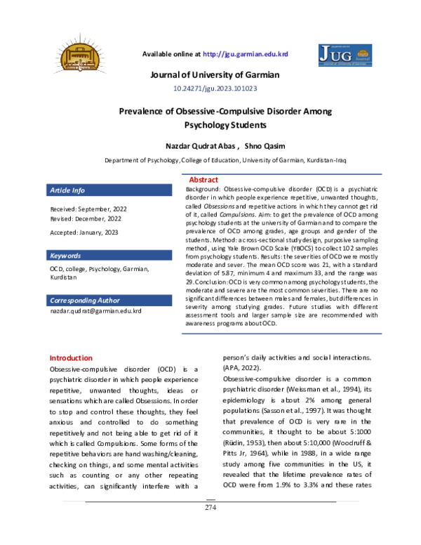 (PDF) Prevalence of Obsessive-Compulsive Disorder Among Psychology Students
