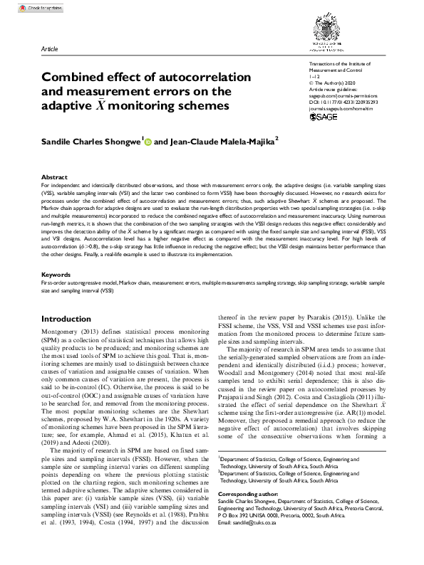 (PDF) Combined effect of autocorrelation and measurement errors on the adaptive X¯ monitoring ...