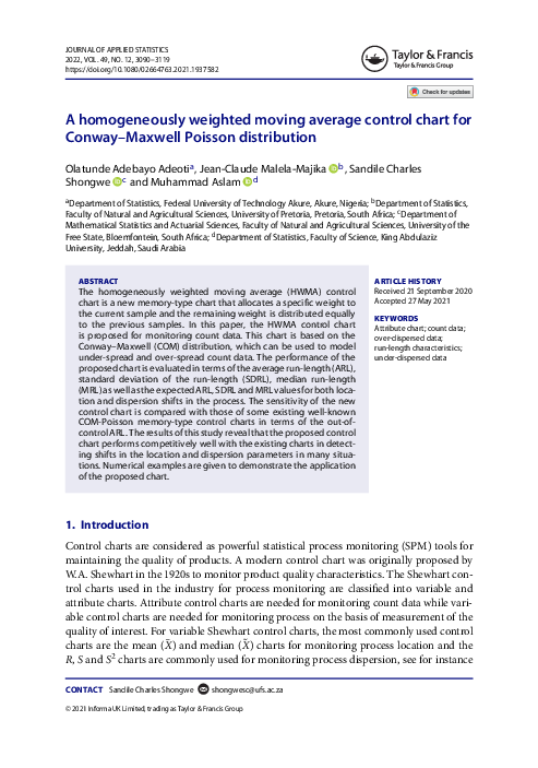 (PDF) A homogeneously weighted moving average control chart for Conway–Maxwell Poisson distribution