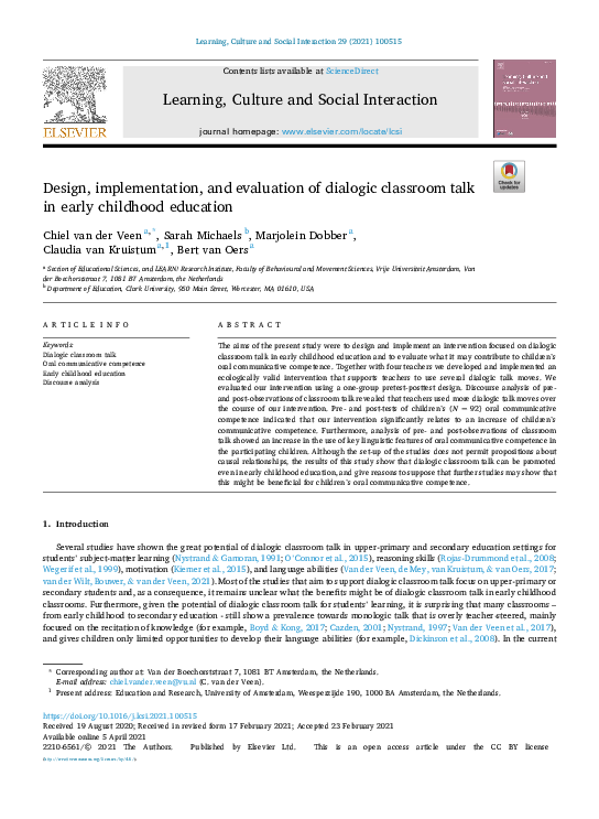 Pdf Design Implementation And Evaluation Of Dialogic Classroom Talk