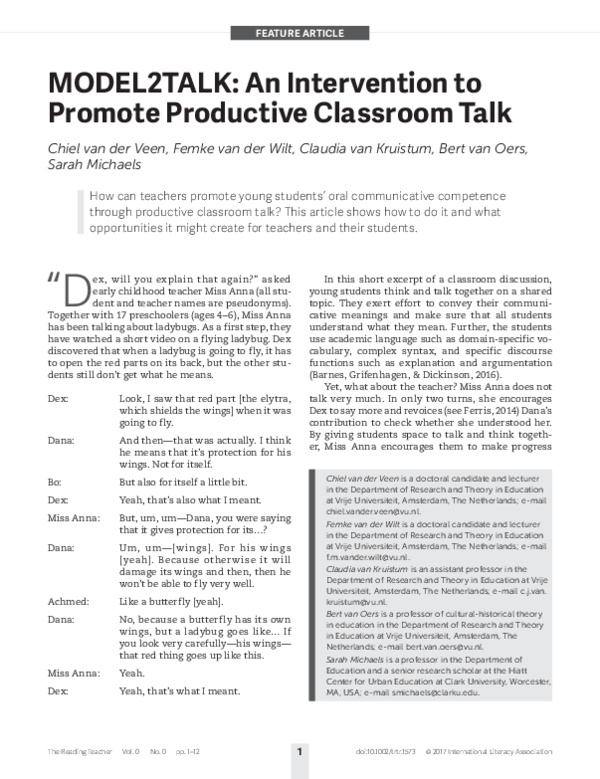 (PDF) MODEL2TALK: An Intervention to Promote Productive Classroom Talk