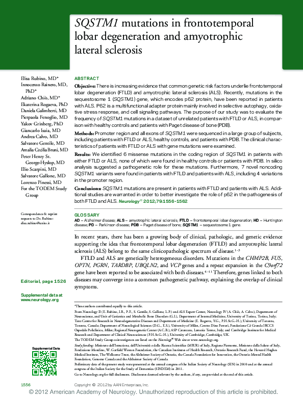 (PDF) SQSTM1 mutations in frontotemporal lobar degeneration and ...