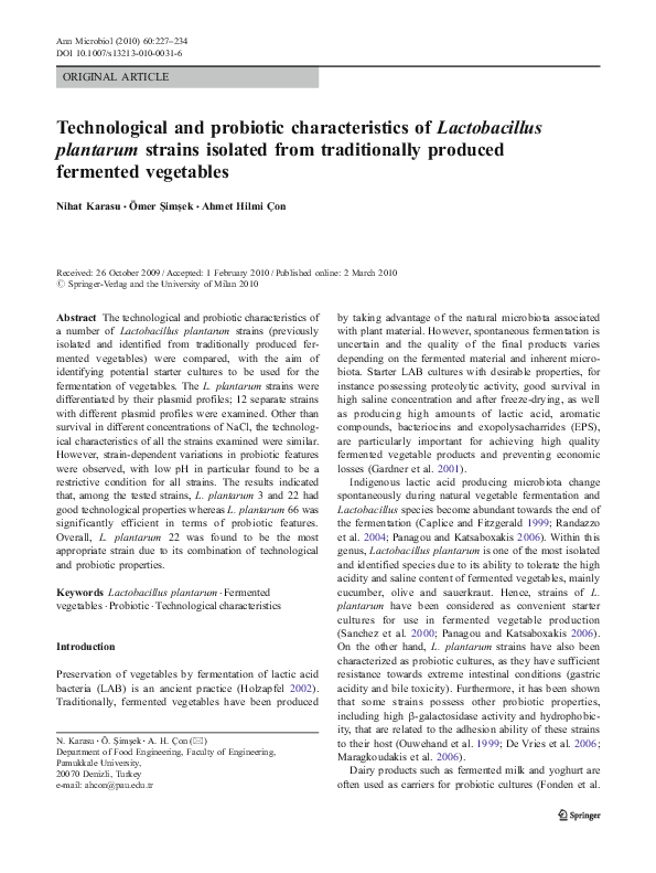 (PDF) Technological and probiotic characteristics of Lactobacillus plantarum strains isolated ...