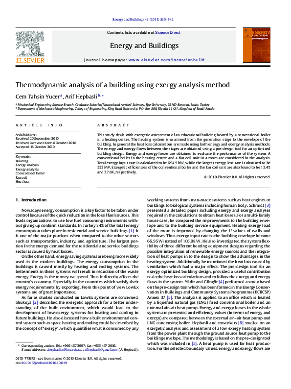(PDF) Thermodynamic analysis of a building using exergy analysis method