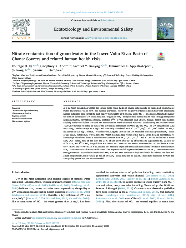 Pdf Nitrate Contamination Of Groundwater In The Lower Volta River Basin Of Ghana Sources And
