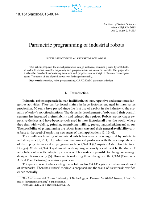 (PDF) Parametric programming of industrial robots