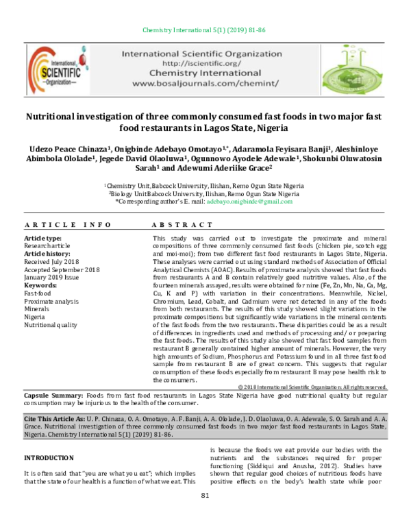 (PDF) Nutritional investigation of three commonly consumed fast foods ...