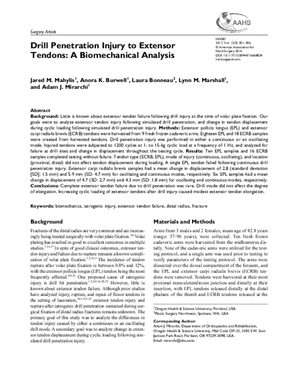 (PDF) Drill Penetration Injury to Extensor Tendons: A Biomechanical ...