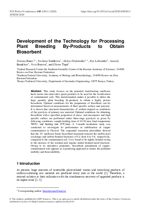 (PDF) Development of the Technology for Processing Plant Breeding By-Products to Obtain Biosorbent