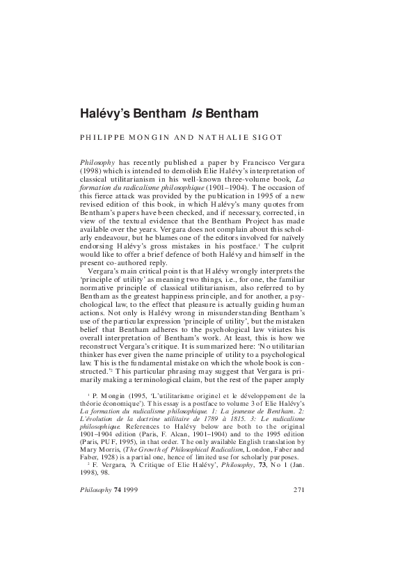 (PDF) Halévy's Bentham Is Bentham