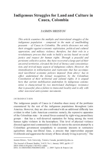 (PDF) Indigenous Struggles for Land and Culture in Cauca, Colombia