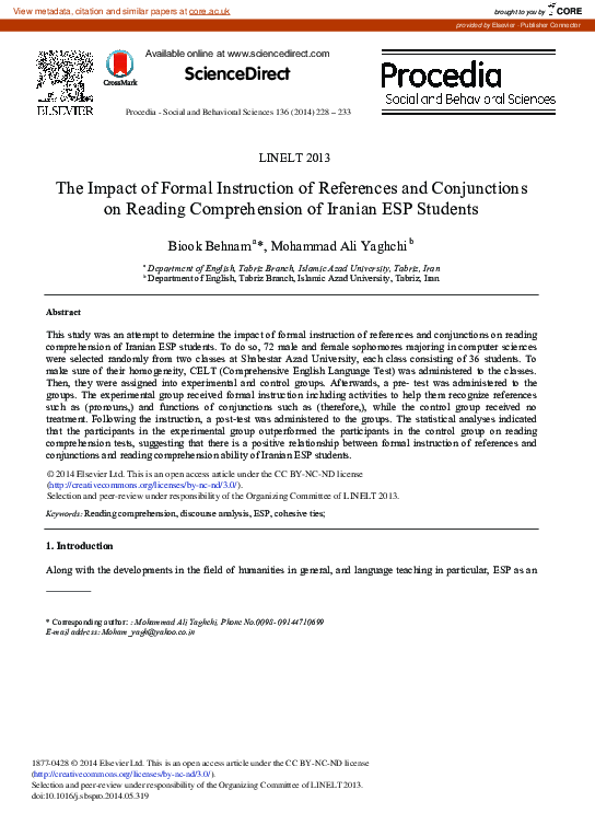 (PDF) The Impact of Formal Instruction of References and Conjunctions on Reading Comprehension ...