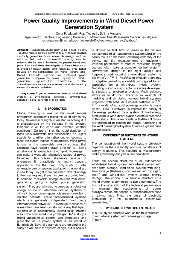 (PDF) Power Quality Improvements in Wind Diesel Power Generation System