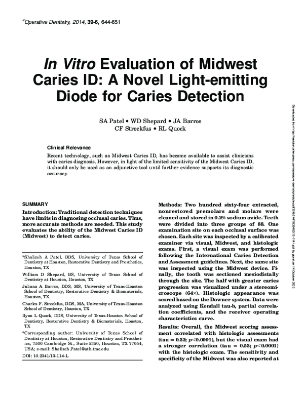 (PDF) In Vitro Evaluation of Midwest Caries ID: A Novel Light-emitting ... (PDF) In Vitro Evaluation of Midwest Caries ID: A Novel Light-emitting ...