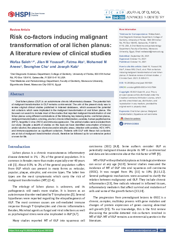 (PDF) Risk co-factors inducing malignant transformation of oral lichen planus: A literature ...