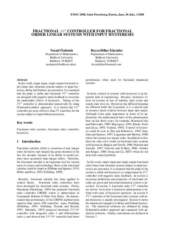 Pdf Fractional Pi { Lambda } Controller For Fractional Order Linear