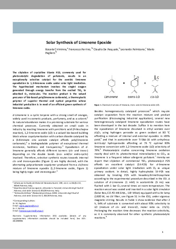 (PDF) Solar Synthesis of Limonene Epoxide