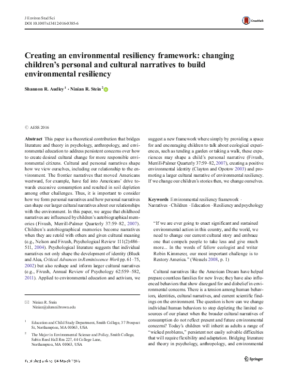(PDF) Creating an environmental resiliency framework: changing children’s personal and cultural ...