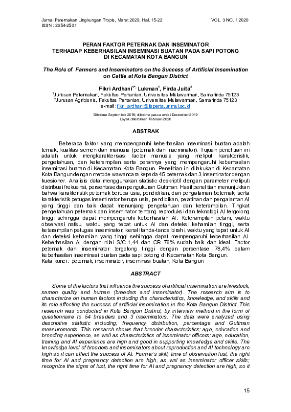 (PDF) Peran Faktor Peternak dan Inseminator terhadap Keberhasilan Inseminasi Buatan pada Sapi ...