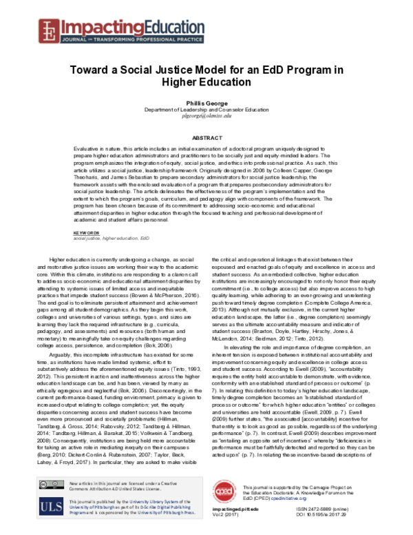 (PDF) Toward a Social Justice Model for an EdD Program in Higher Education