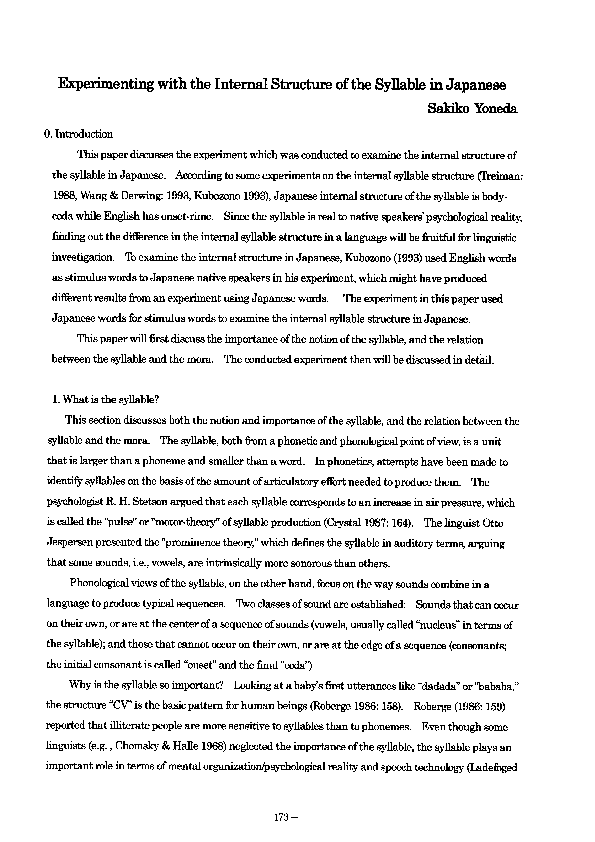 (PDF) Experimenting with the Internal Structure of the Syllable in Japanese