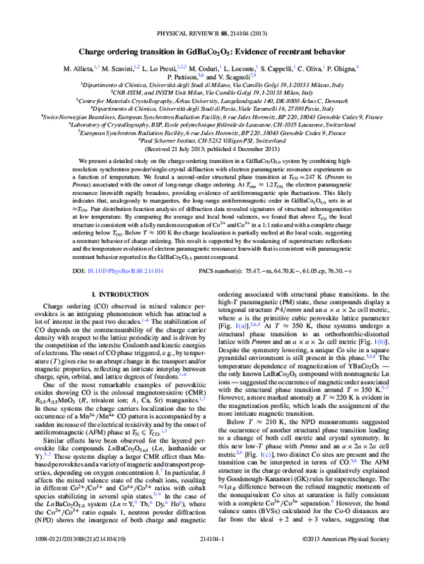 (PDF) Charge ordering transition in GdBaCo2O5: Evidence of reentrant behavior | Mattia Allieta ...