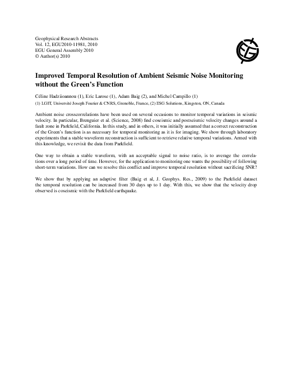(PDF) Improved Temporal Resolution of Ambient Seismic Noise Monitoring without the Green's ...