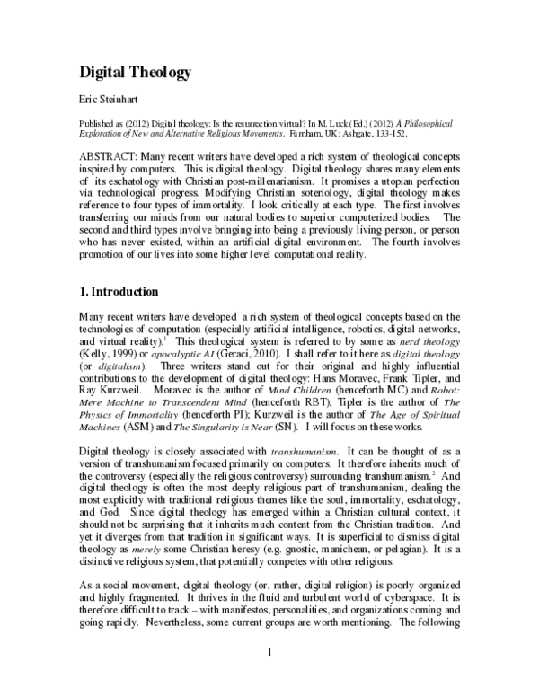 (PDF) Digital Theology: Is the Resurrection Virtual?