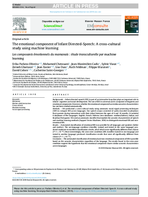 (PDF) The emotional component of Infant Directed-Speech: A cross-cultural study using machine ...