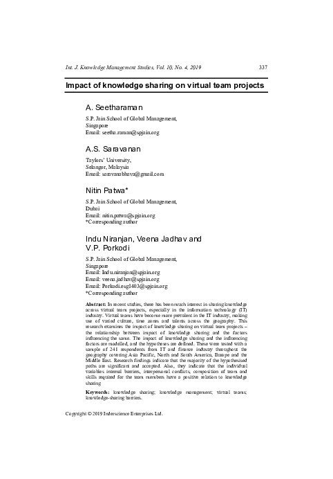 (PDF) Impact of knowledge sharing on virtual team projects