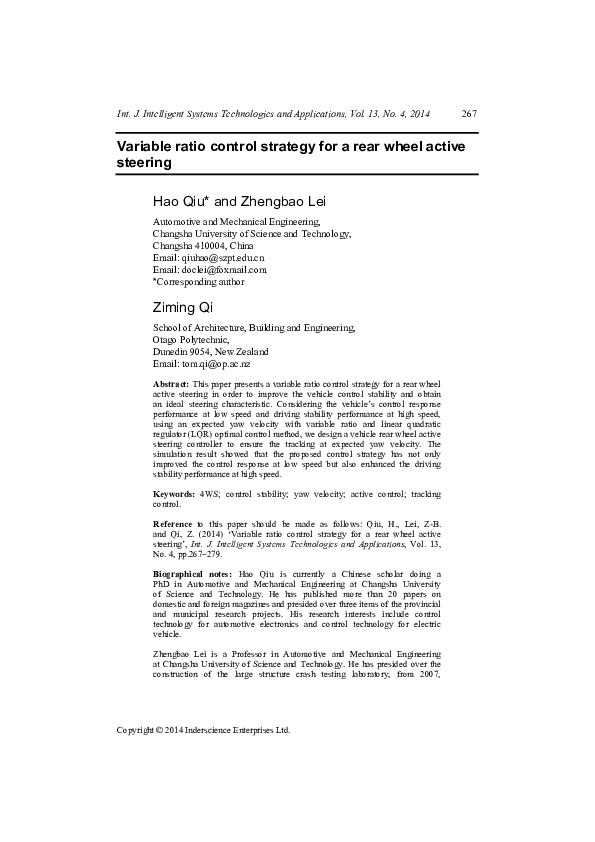 (PDF) Variable ratio control strategy for a rear wheel active steering