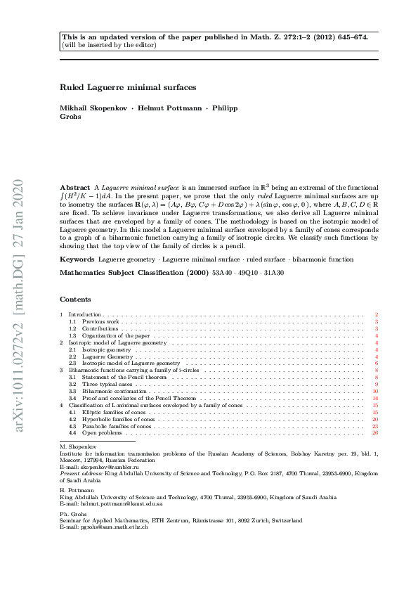 (PDF) Ruled Laguerre minimal surfaces | Helmut Pottmann - Academia.edu