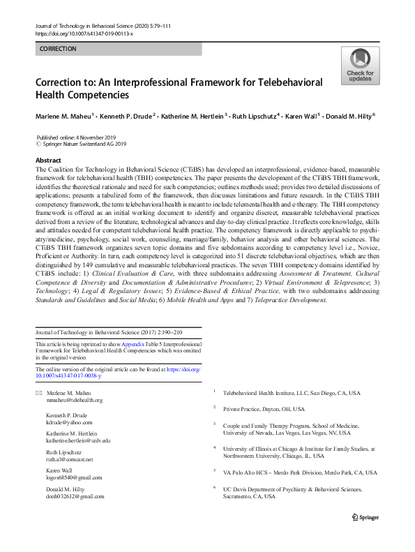 (PDF) Correction to: An Interprofessional Framework for Telebehavioral ...