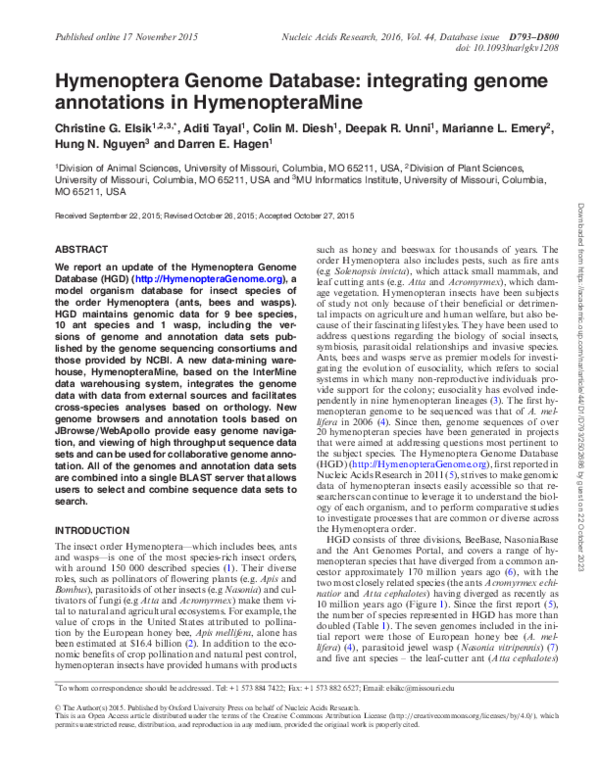 (PDF) Hymenoptera Genome Database: integrating genome annotations in HymenopteraMine