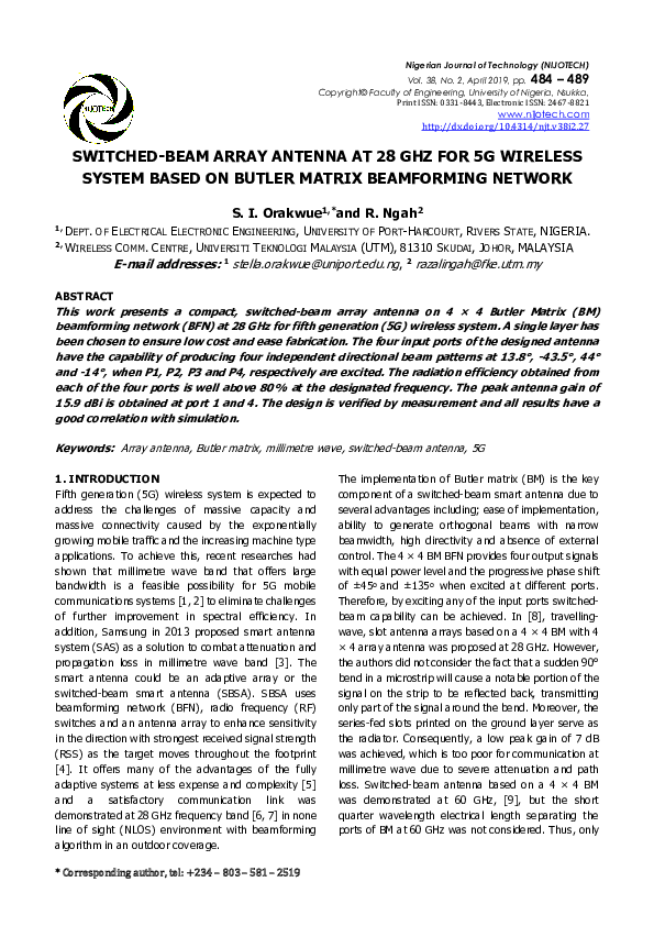 (PDF) Switched-beam array antenna at 28 GHz for 5G wireless system based on butler matrix ...