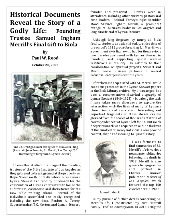 (PDF) Historical Documents Reveal the Story of a Godly Life: Founding Trustee Samuel Ingham ...