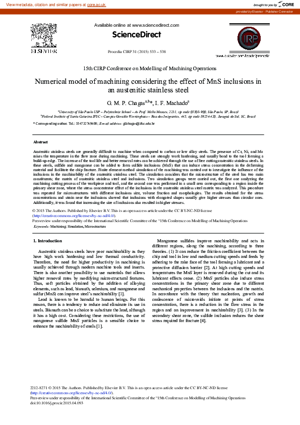 (PDF) Numerical Model of Machining Considering the Effect of MnS Inclusions in an Austenitic ...