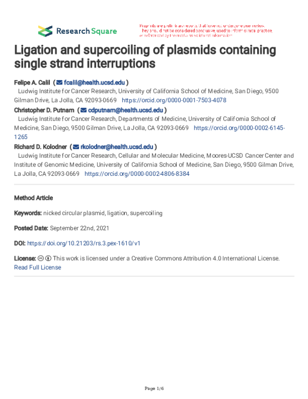 (PDF) Ligation and supercoiling of plasmids containing single strand ...