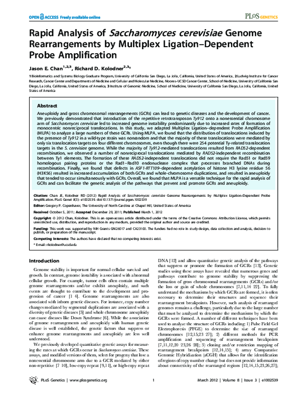 (PDF) Rapid analysis of Saccharomyces cerevisiae genome rearrangements by multiplex ligation ...