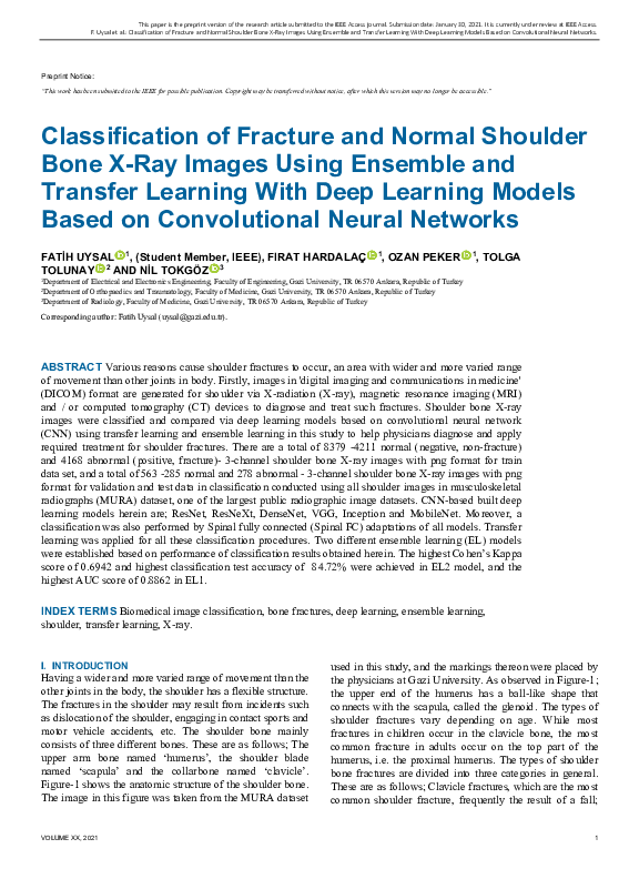 Pdf Classification Of Fracture And Normal Shoulder Bone X Ray Images Using Ensemble And